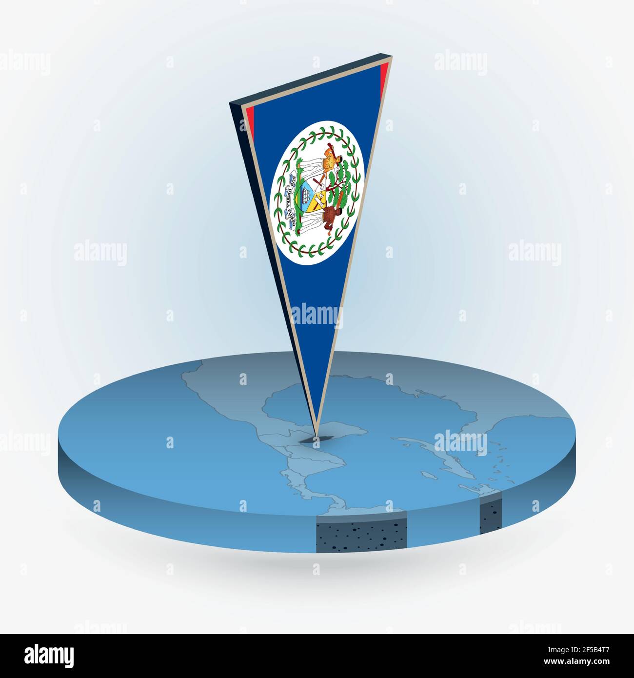 Belize map in round isometric style with triangular 3D flag of Belize ...