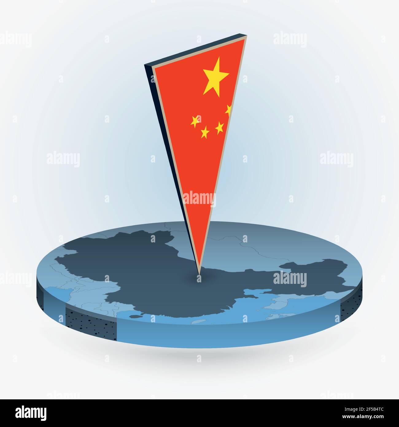 China map in round isometric style with triangular 3D flag of China ...