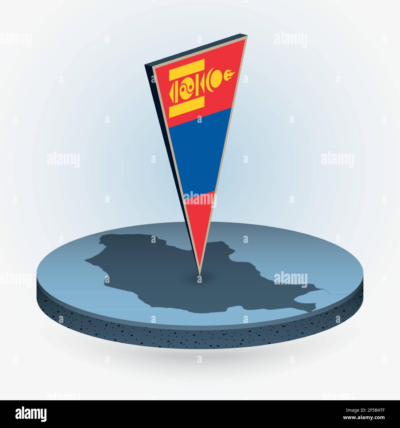 Mongolia map in round isometric style with triangular 3D flag of ...
