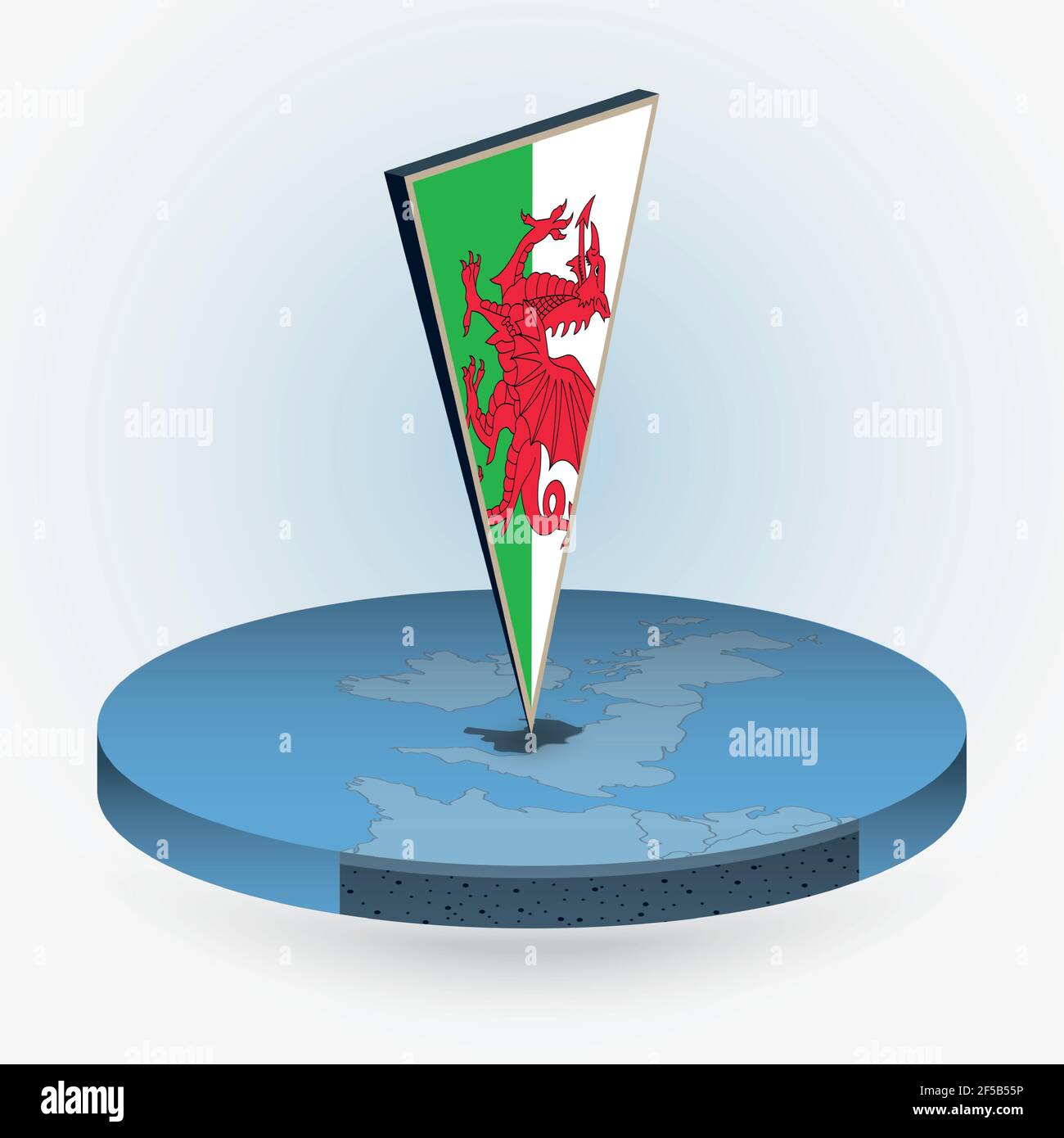 Wales map in round isometric style with triangular 3D flag of Wales ...