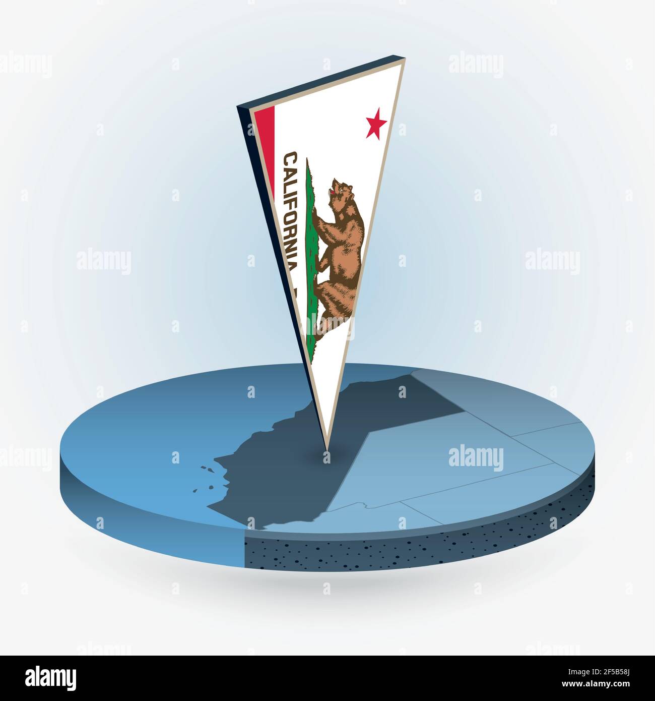 California map in round isometric style with triangular 3D flag of US ...