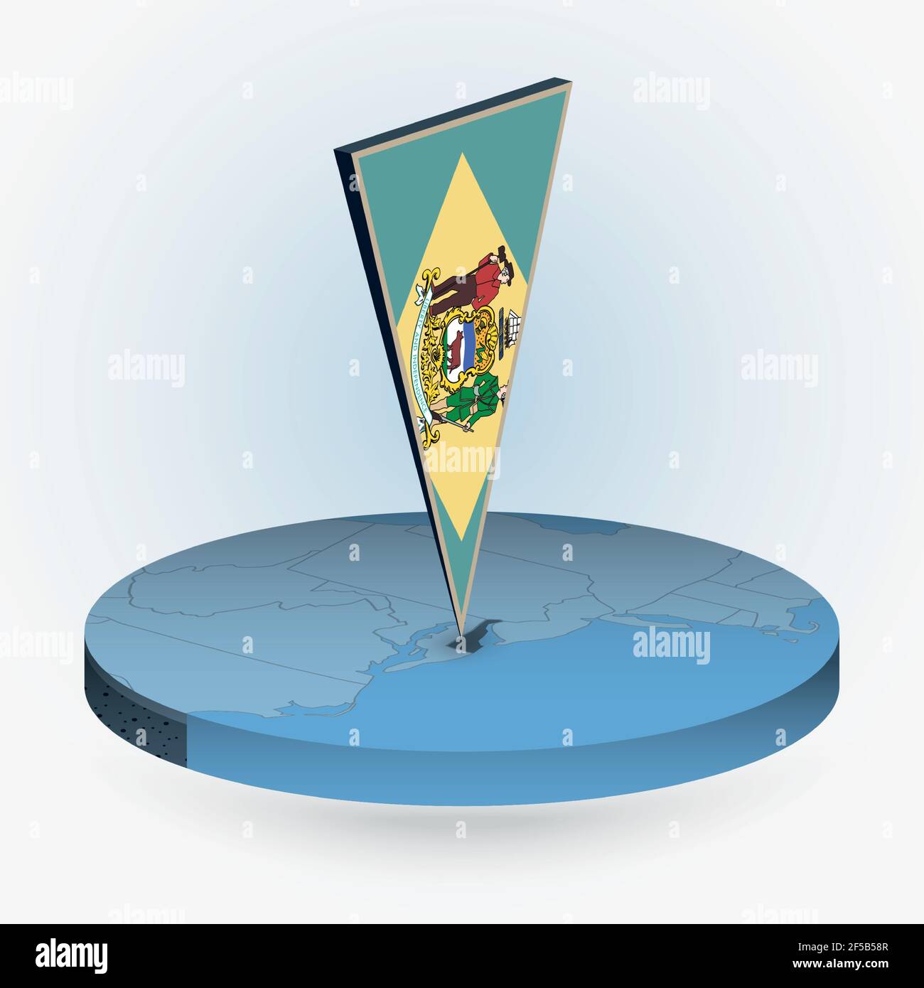 Delaware map in round isometric style with triangular 3D flag of US State Delaware, vector map ...