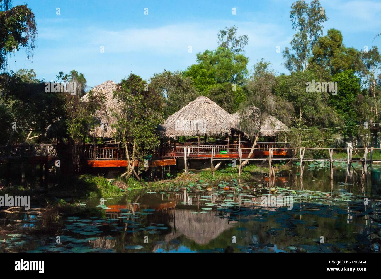 Palm leaf covered stilt houses on a lake. A wooden bridge leads over a ...