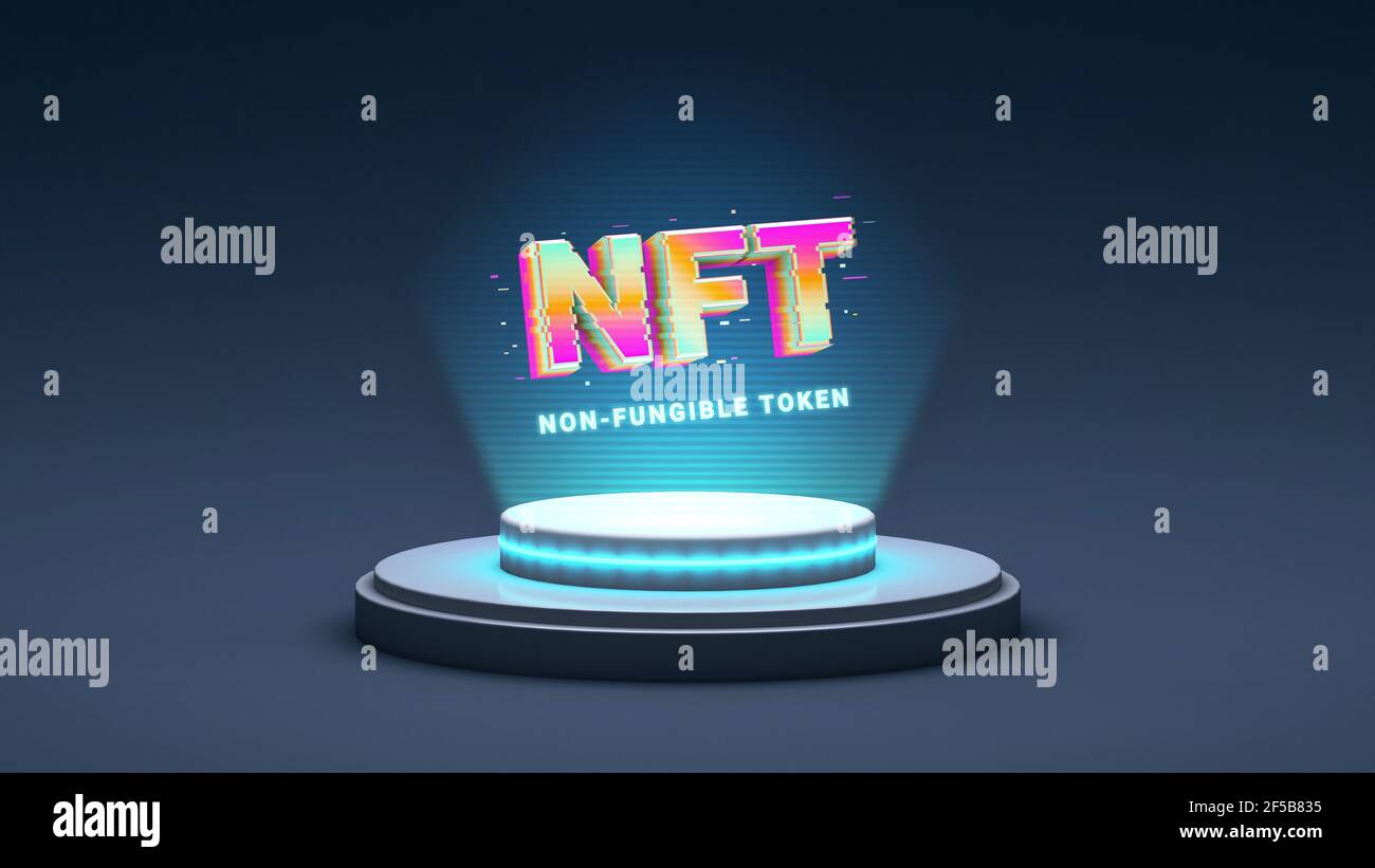 NFT non fungible token, crypto art in 3D rendering illustration ...
