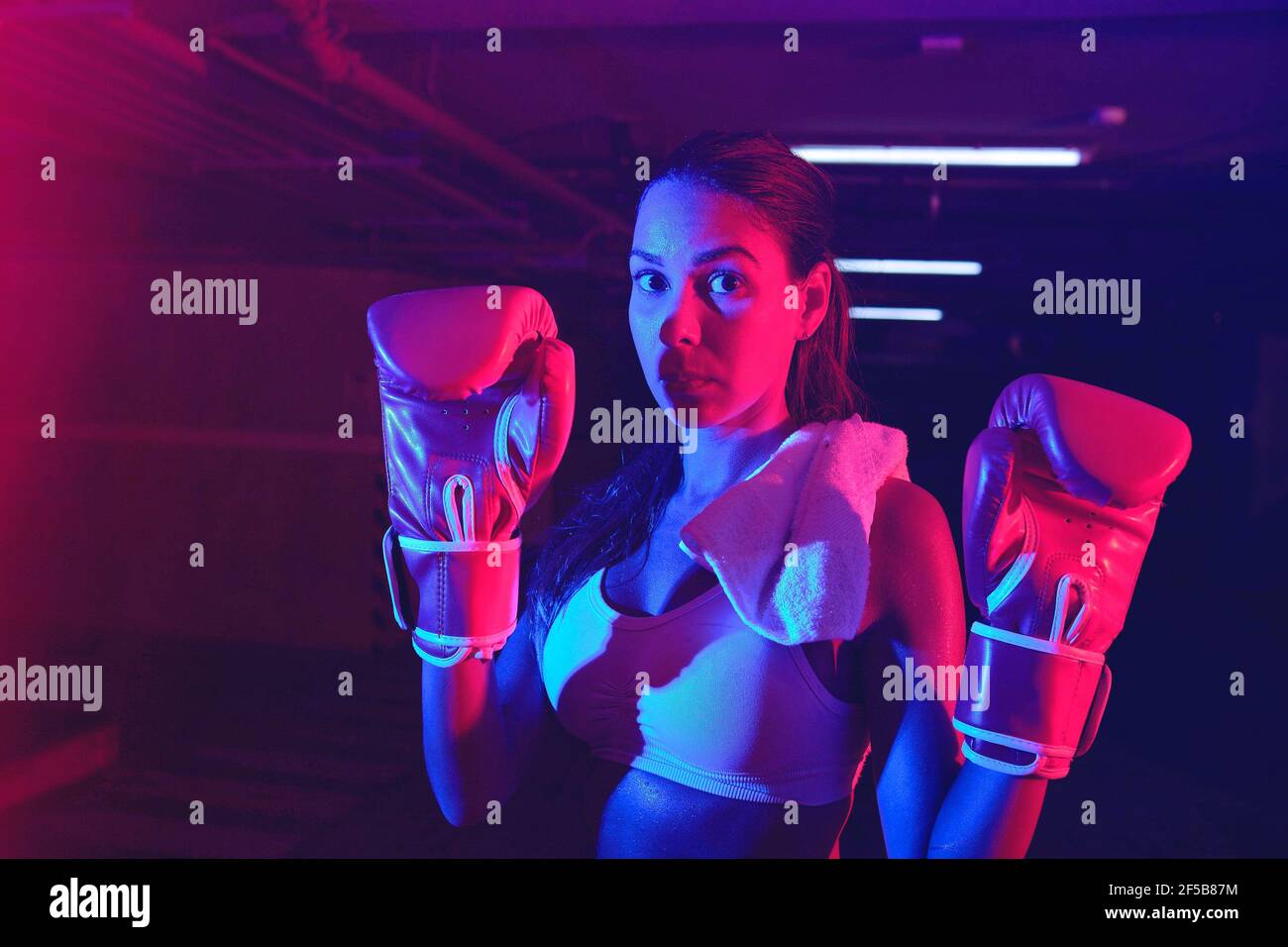 Beautiful female boxer training, red boxing gloves, ring with red and ...