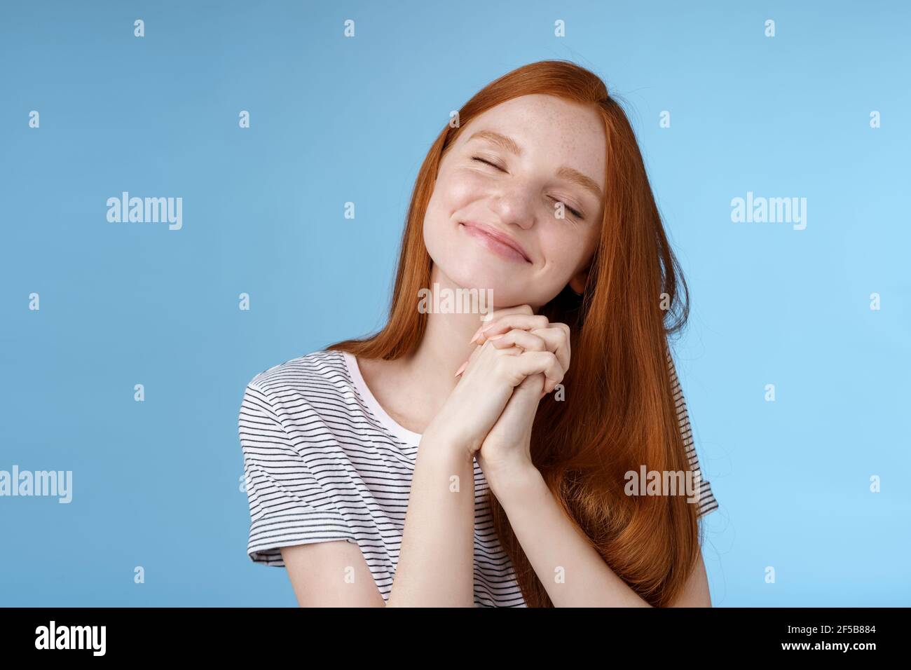 Charming delighted happy dreamy redhead girlfriend ginger long hair ...