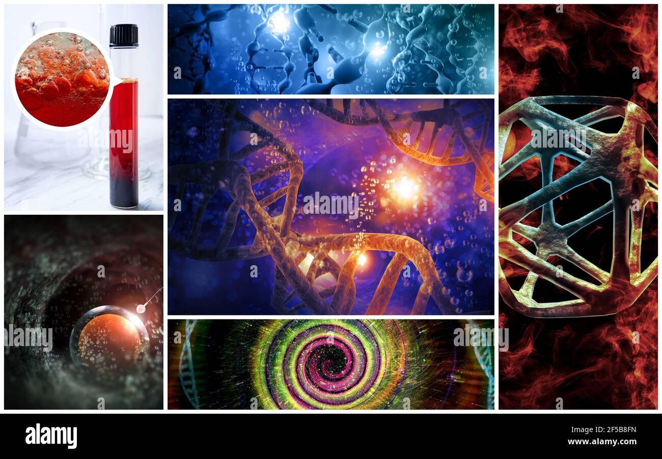 DNA strand collage with vibrant colors genetics background 3D ...