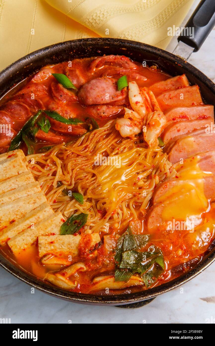Korean comfort food army base stew also known as Budae-jjigae with ...