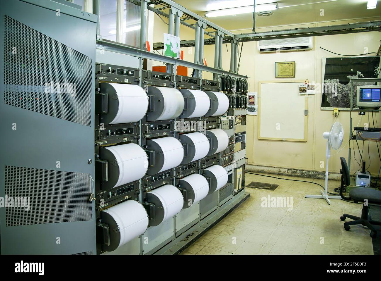 Inside the Rabaul Volcanological Observatory, seismographs record the ...
