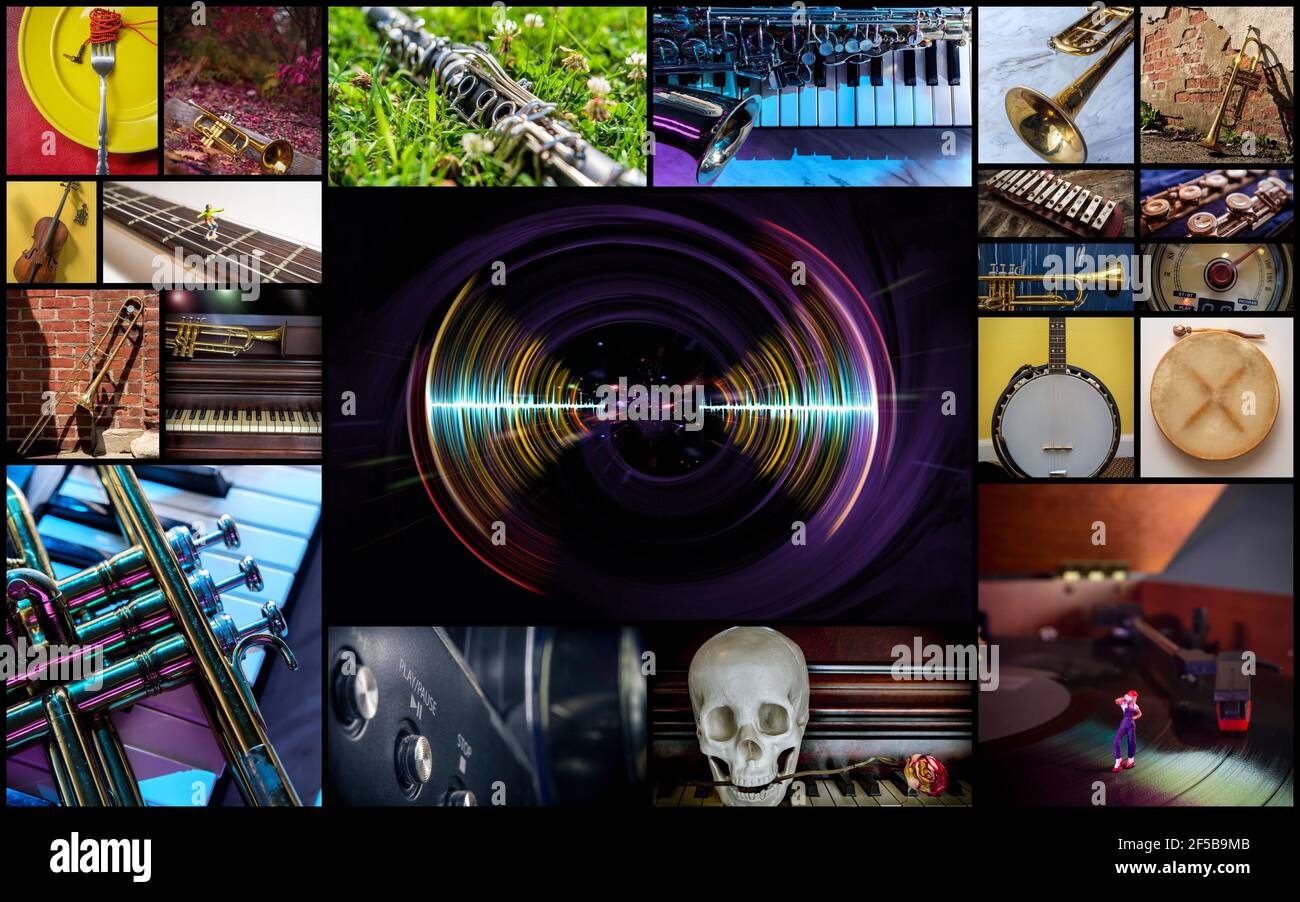 Variety of popular orchestral musical instruments in collage including ...
