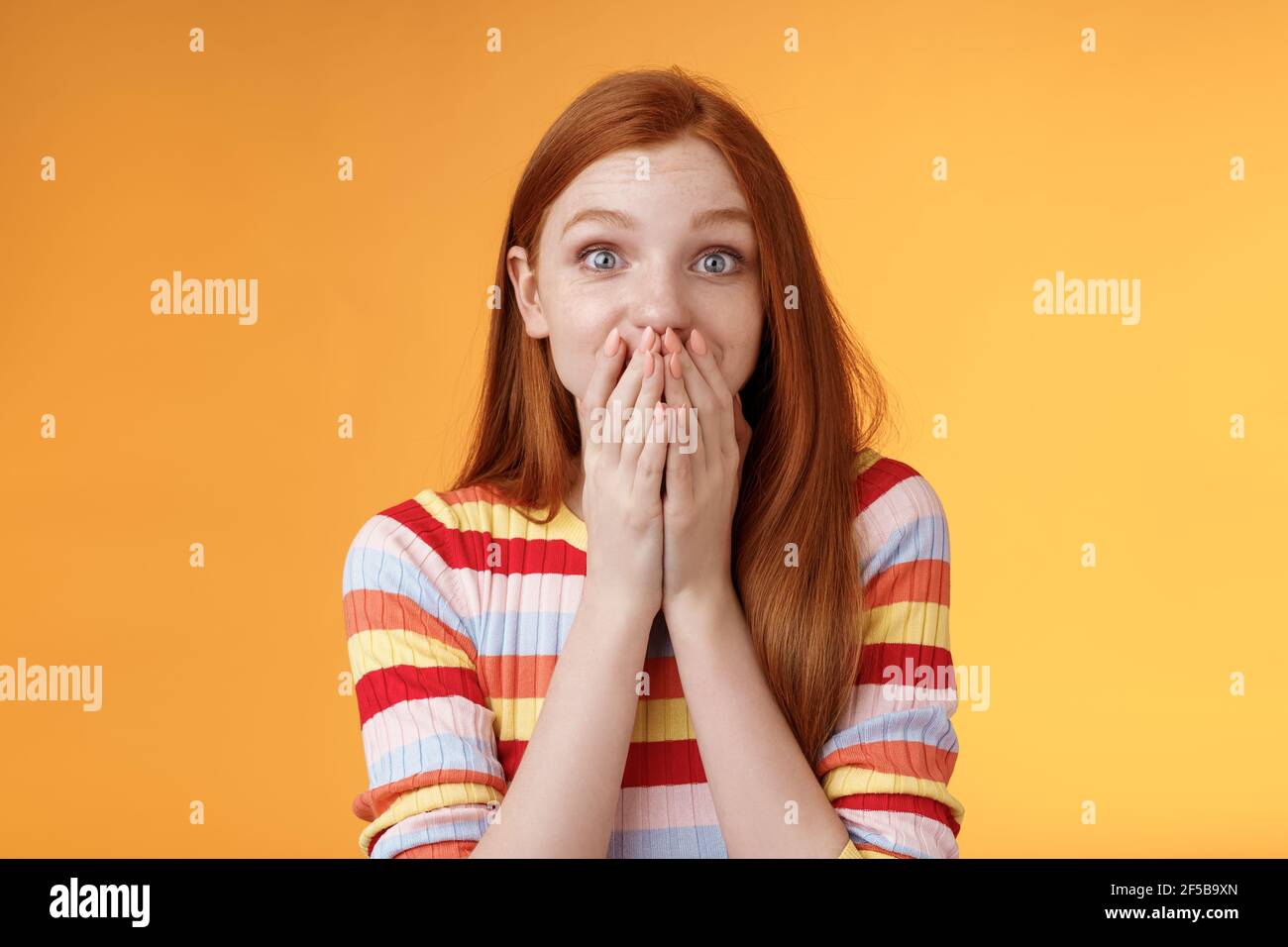 Shocked surprised attractive cute redhead girl receive awesome chance ...