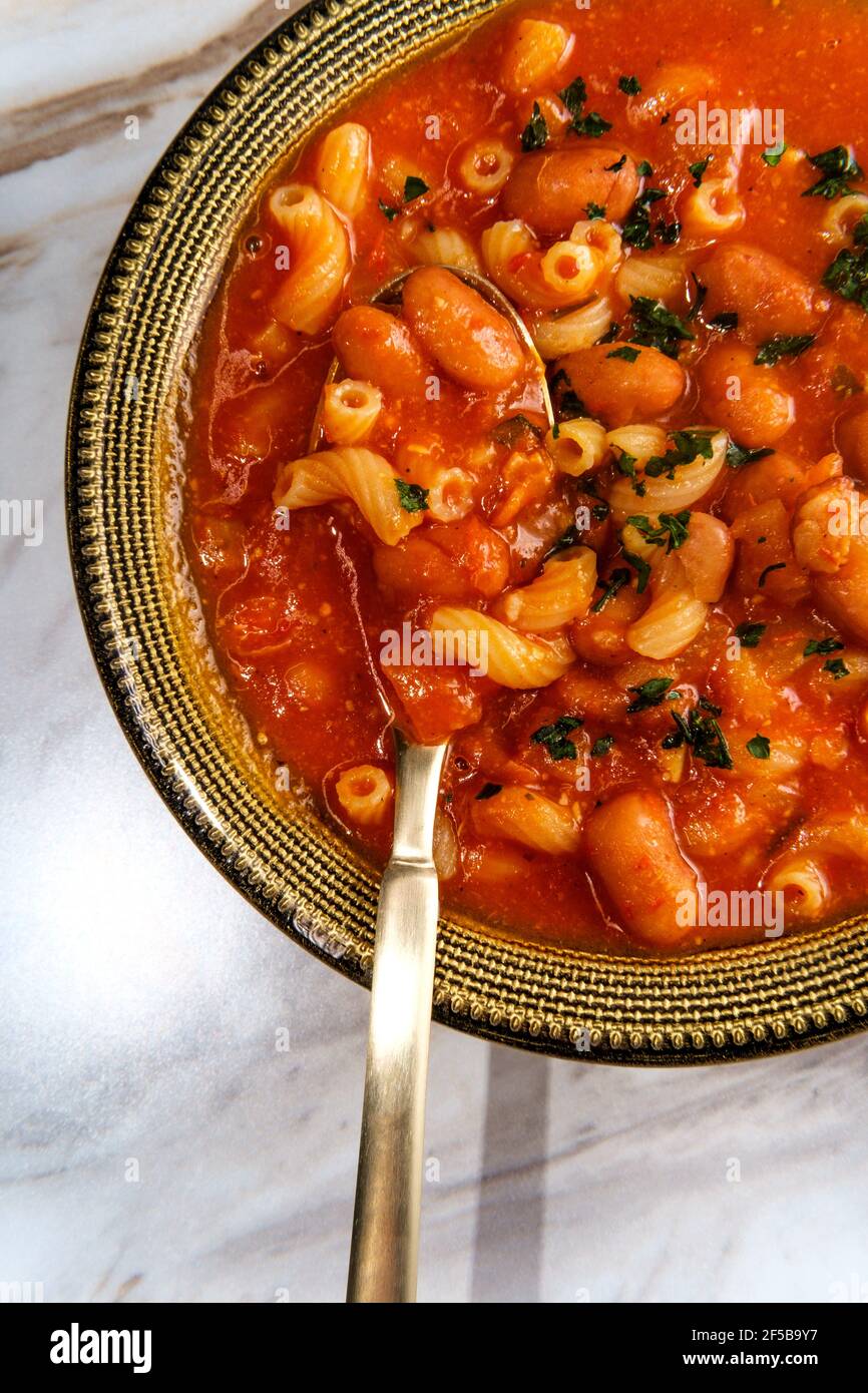 Traditional Italian peasant bean soup pasta e fagioli with elbow ...