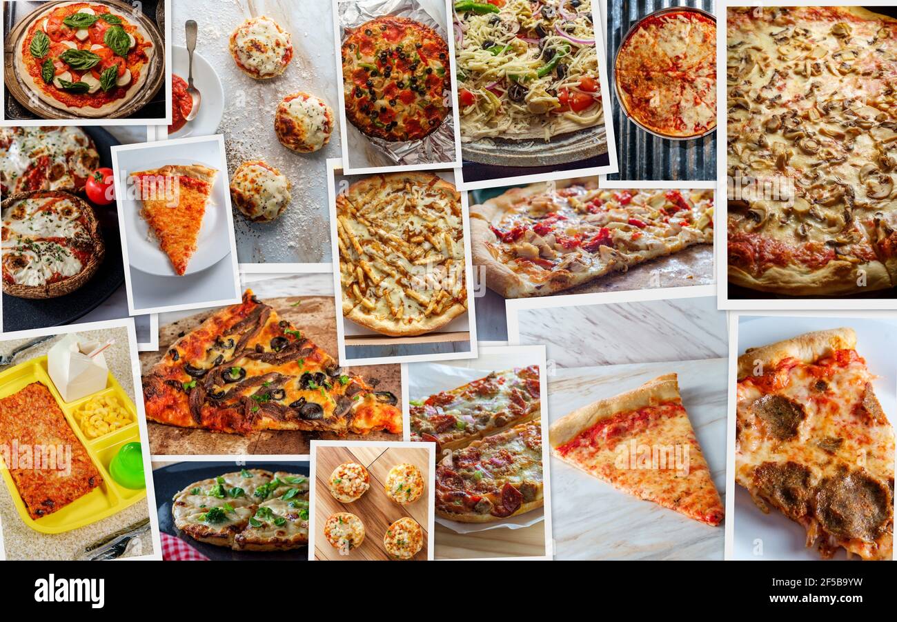 Collage of various different types of pizza and toppings Stock Photo ...