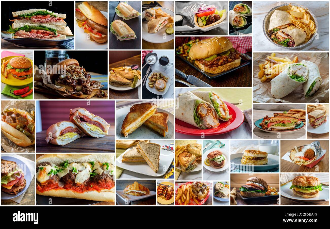 Variety of popular sandwiches in breakfast and lunch food collage Stock ...