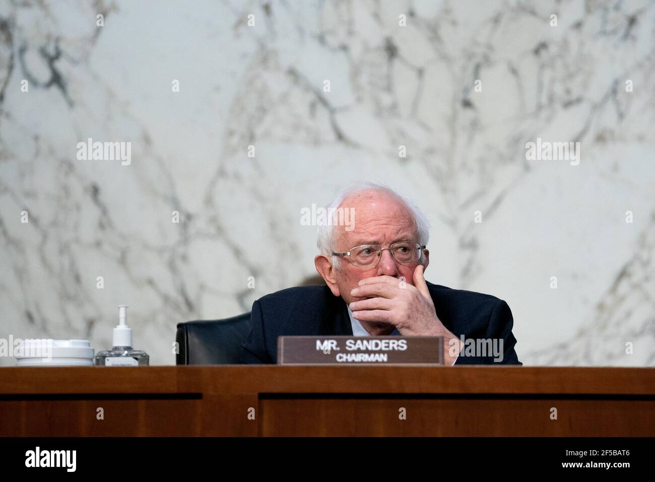 United States Senator Bernie Sanders (Independent of Vermont) listens ...