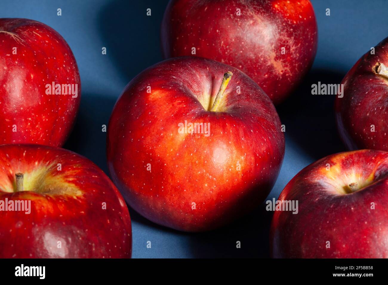 red apple on blue background Stock Photo - Alamy