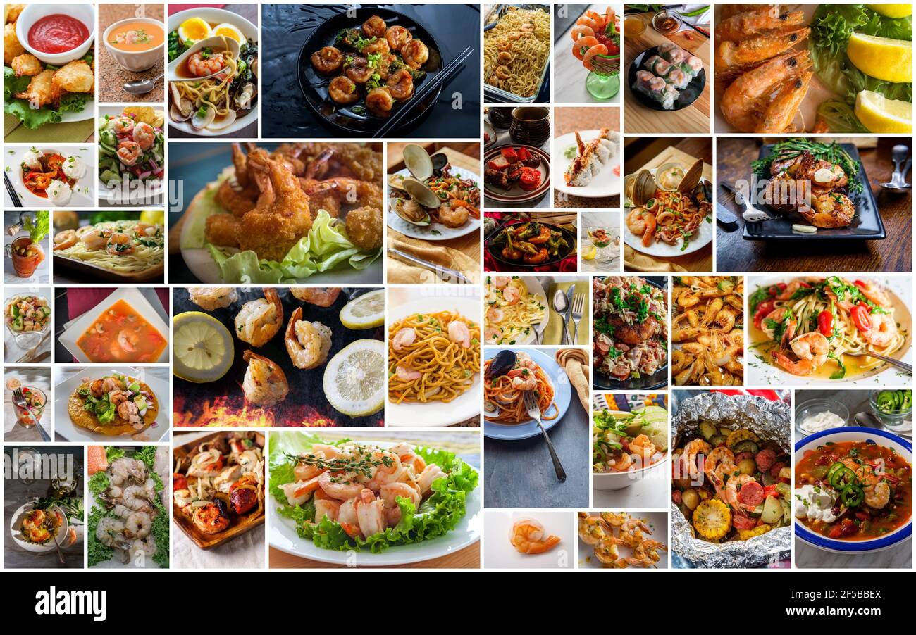 Shrimp dishes and recipes from around the world as cuisine collage ...