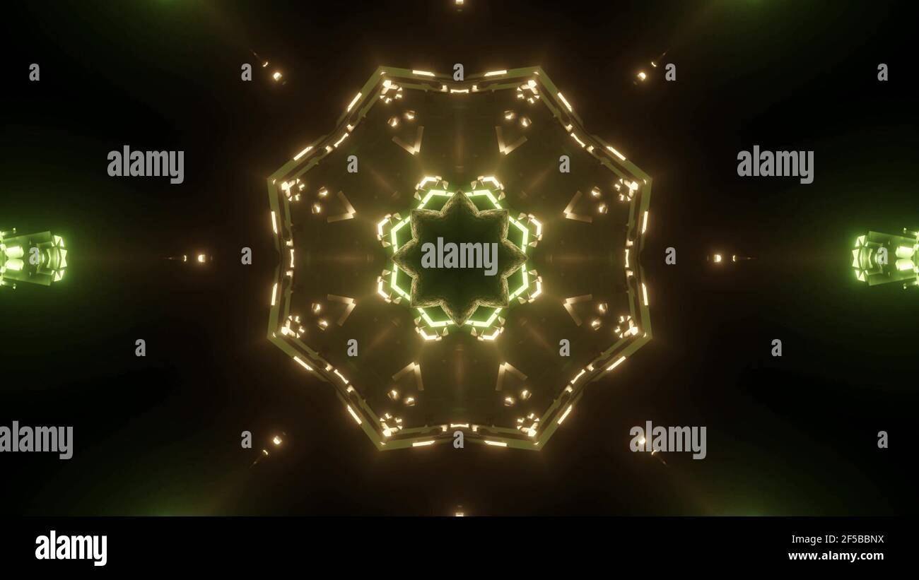 3D rendering of futuristic kaleidoscopic patterns in yellow vibrant color against a dark ...