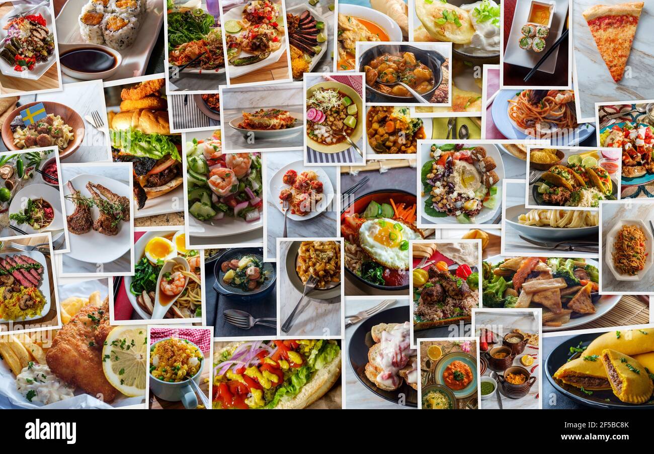 Collage of lots of popular worldwide dinner foods and appetizers Stock ...