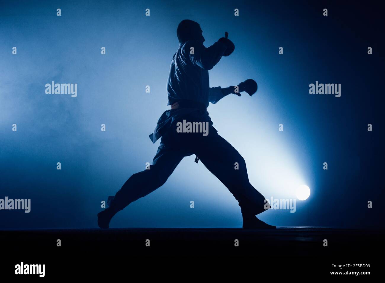 An athlete with a black belt and in karategi performs a formal karate ...