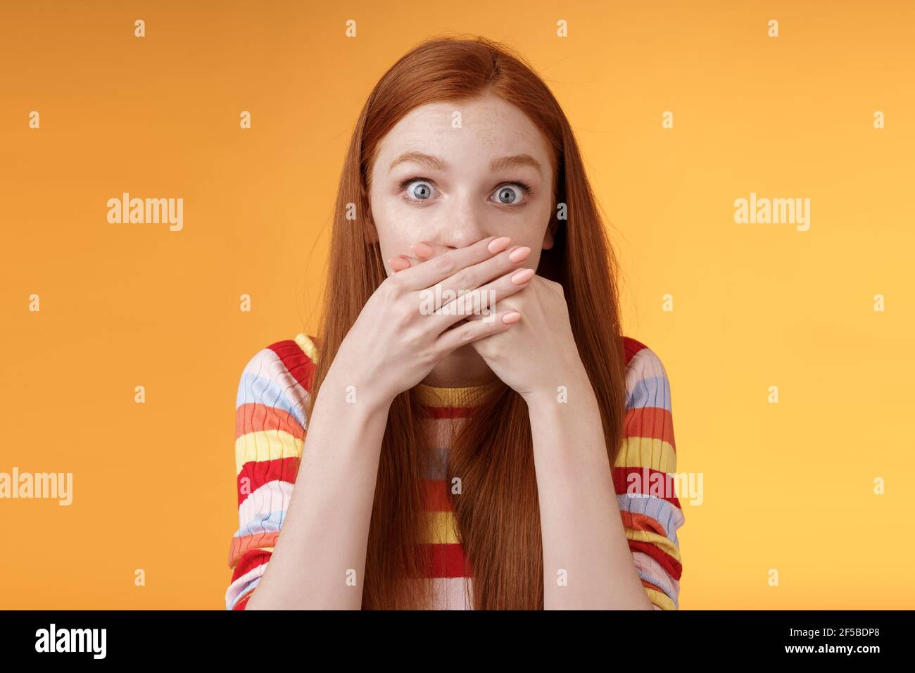 Oops sorry. Girl feeling awkward saying inappropriate word standing ...