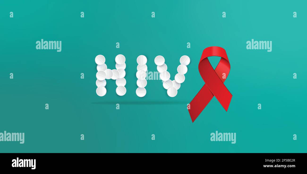 Word HIV is laid out from pills on background. Red ribbon symbol fight ...