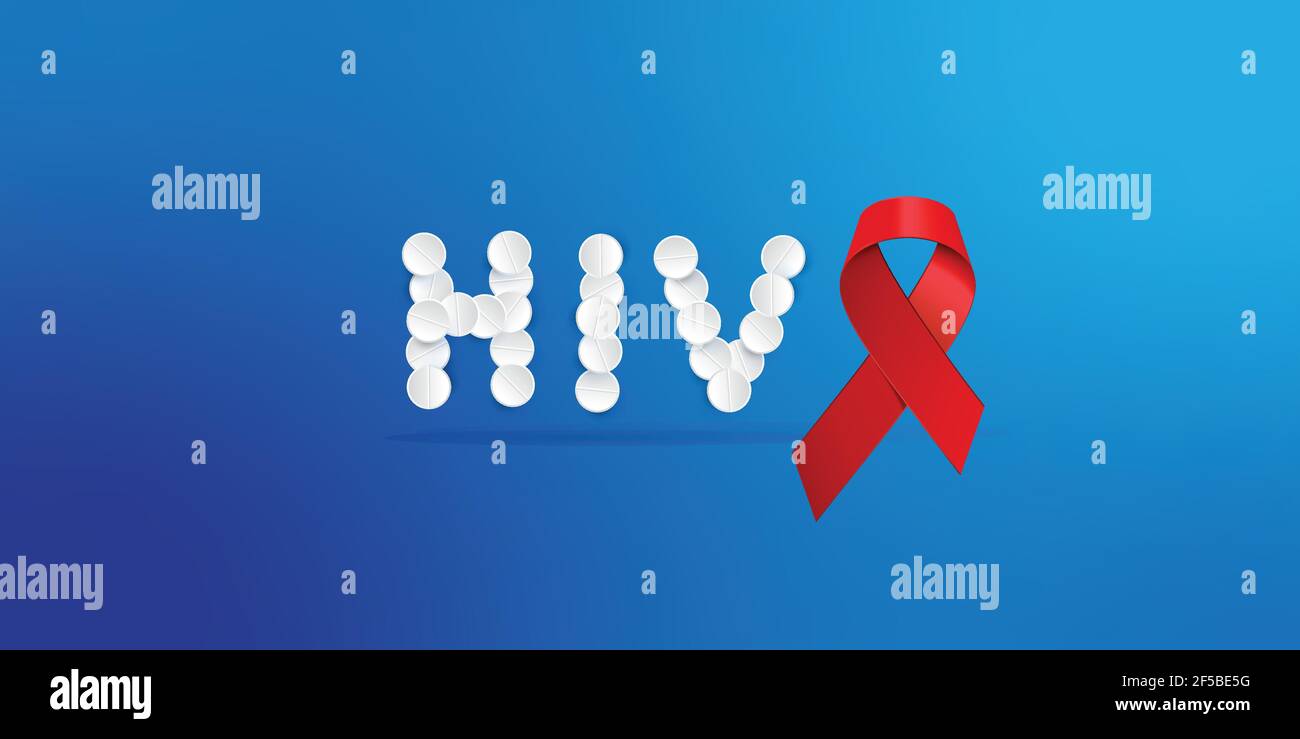 Word HIV is laid out from pills on background. Red ribbon symbol fight ...
