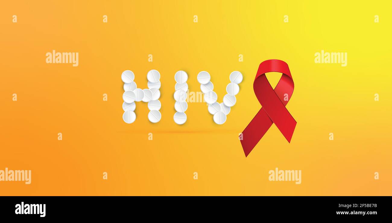 Word HIV is laid out from pills on background. Red ribbon symbol fight ...