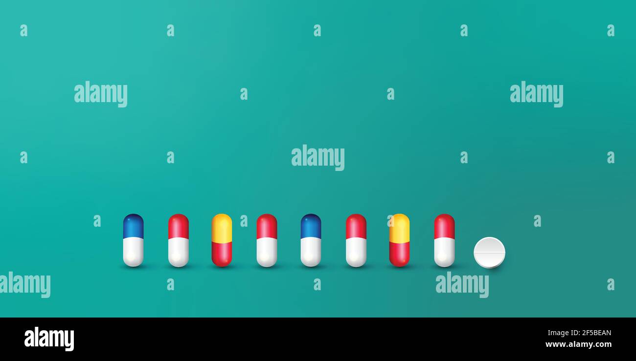 Pills. Medicine tablets isolated on background, different round and ...