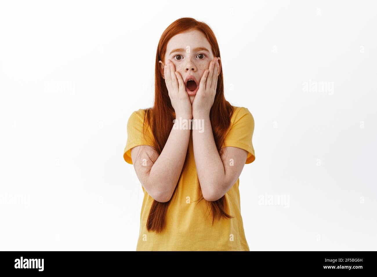 Surprised Redhead Girl With Freckles Gasping Drop Jaw And Stare