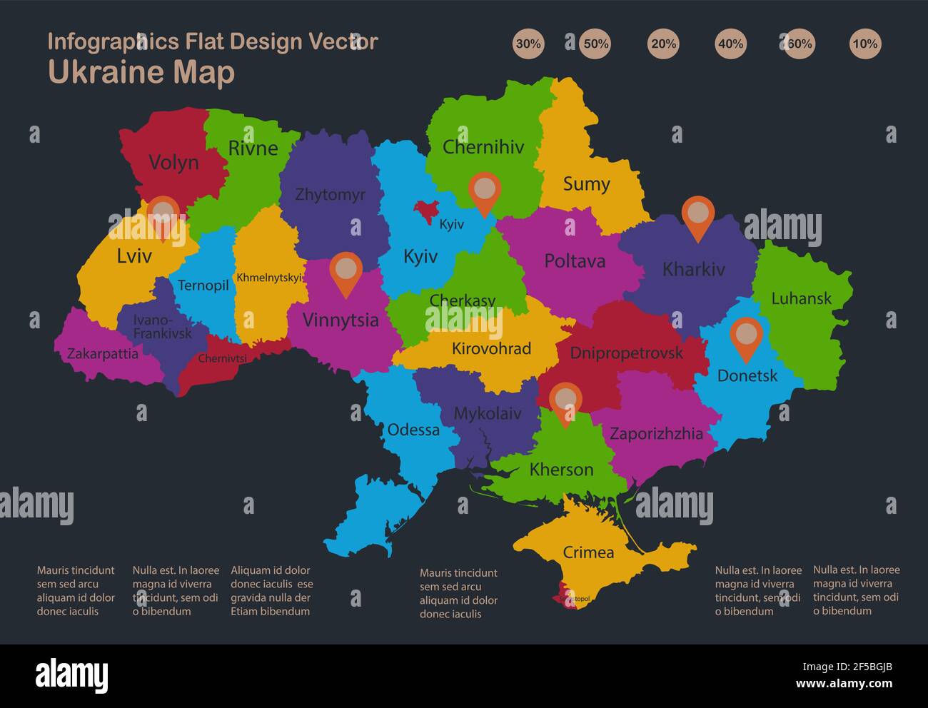 Infographics Ukraine map, flat design colors, with names of individual ...