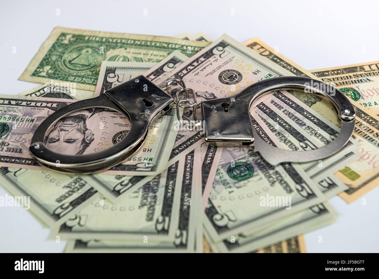 handcuffs on money background, dollar bills, money cash corruption ...