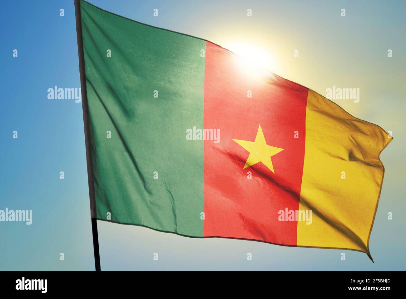 Cameroon flag waving on the wind in front of sun Stock Photo - Alamy