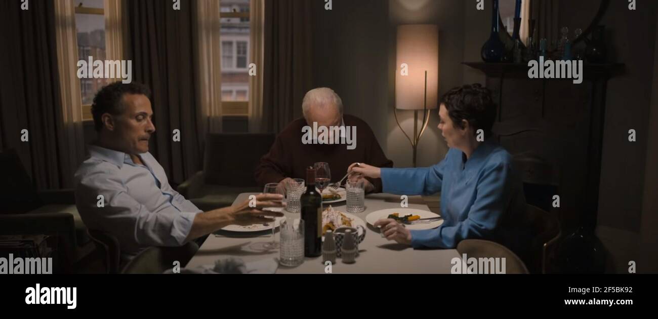 THE FATHER, from left: Rufus Sewell, Anthony Hopkins, Olivia Colman ...