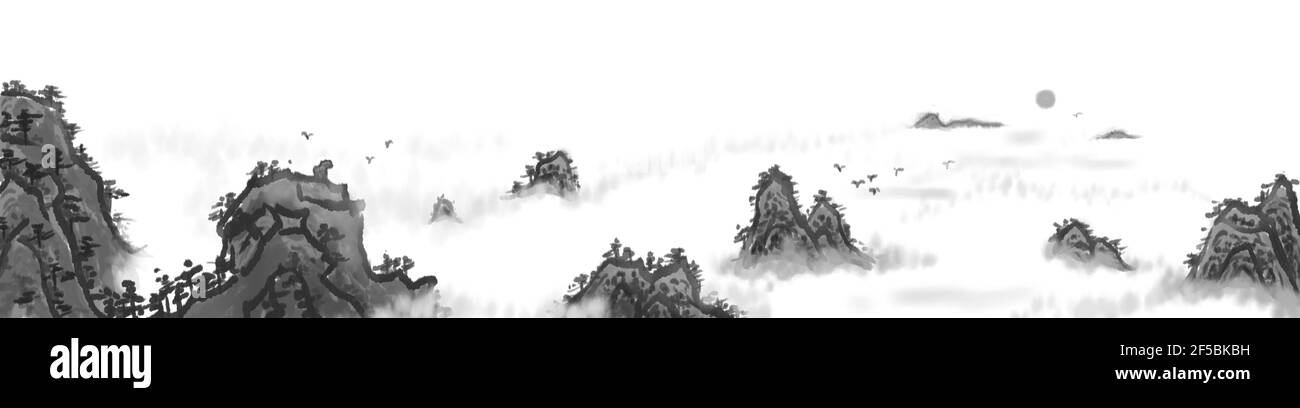 A distant artistic conception of Zen ink landscape painting Stock Photo ...