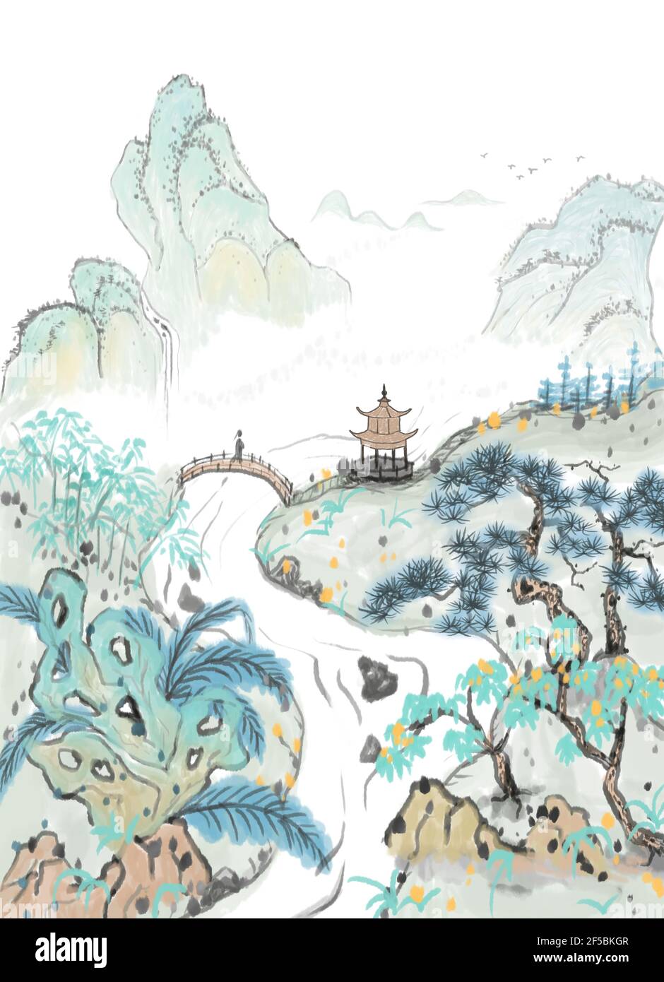 A distant artistic conception of Zen ink landscape painting Stock Photo ...