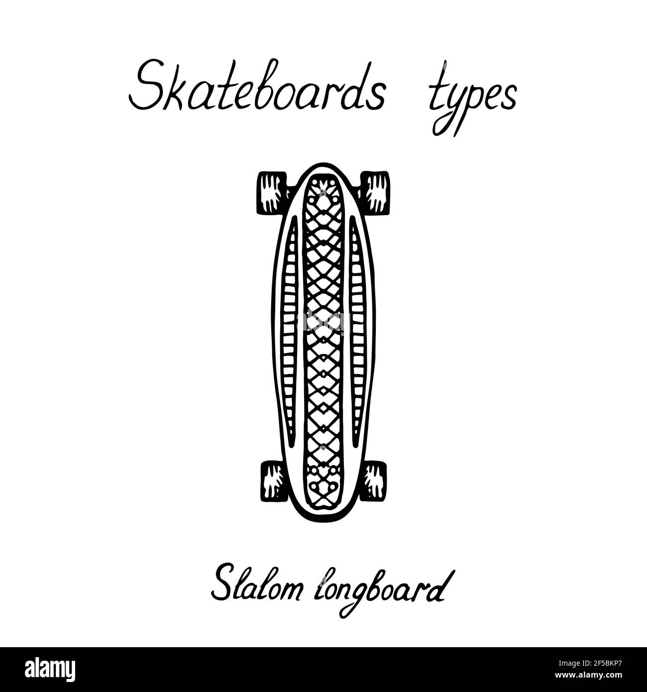 Skaeboard types, Slalom longboard, doodle black ink drawing, woodcut ...