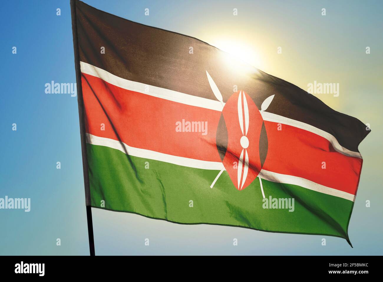 Kenya flag waving on the wind in front of sun Stock Photo - Alamy