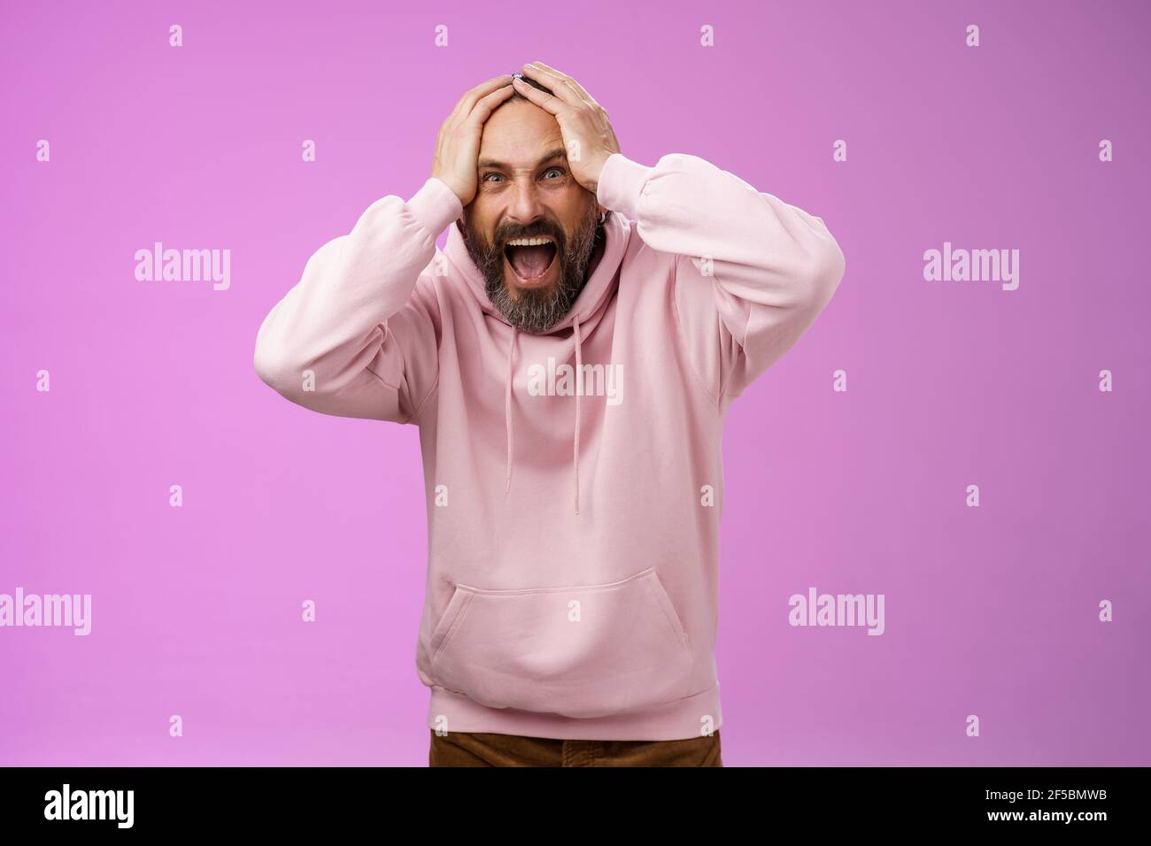 Outraged furious mad adult man bearded yelling shocked despair ...