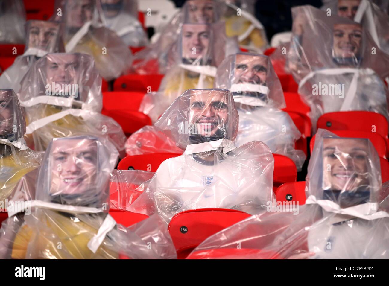Boxhead cutouts of England players in the stands as they are covered in ...