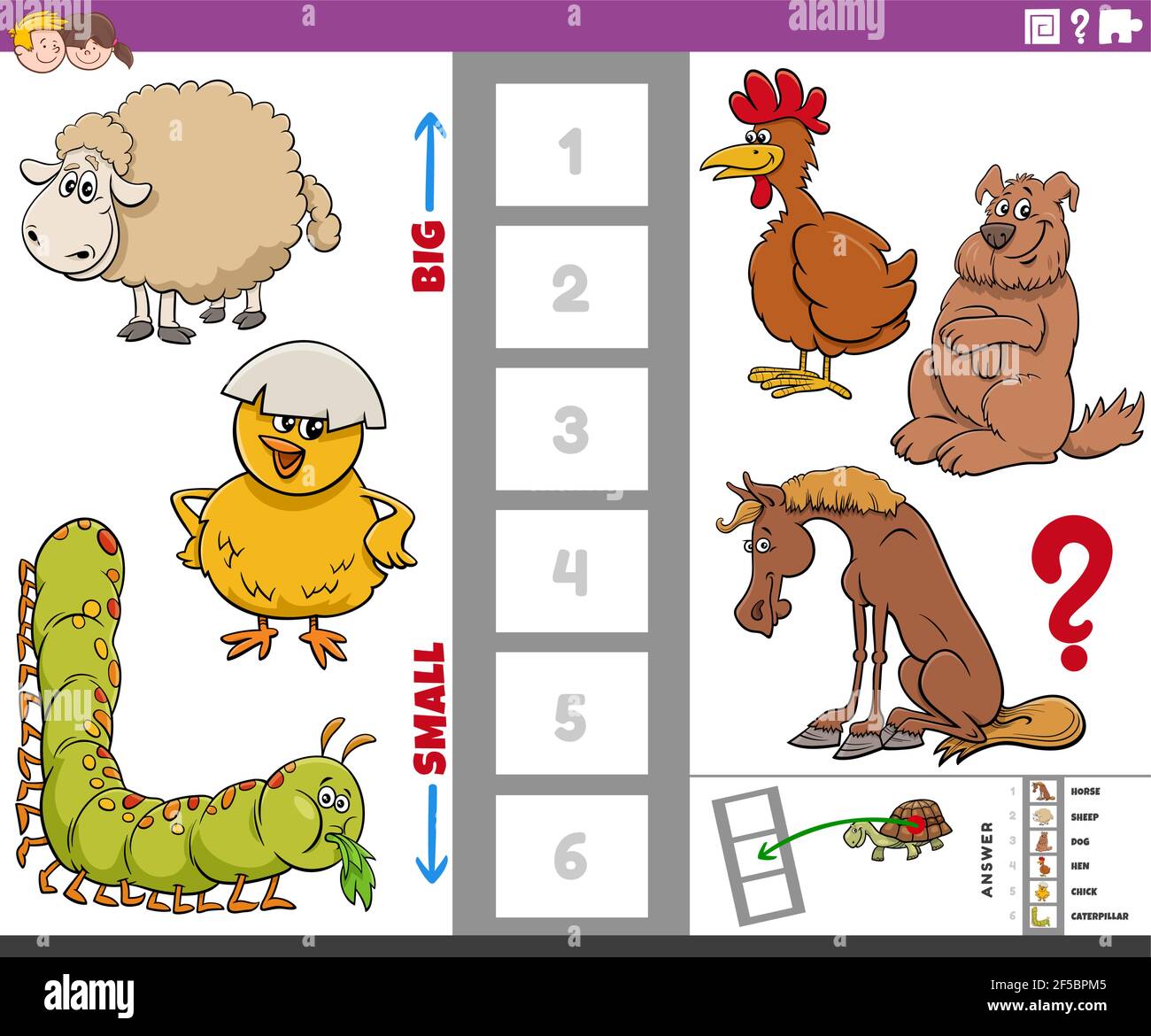 Cartoon illustration of educational game of finding the biggest and the ...