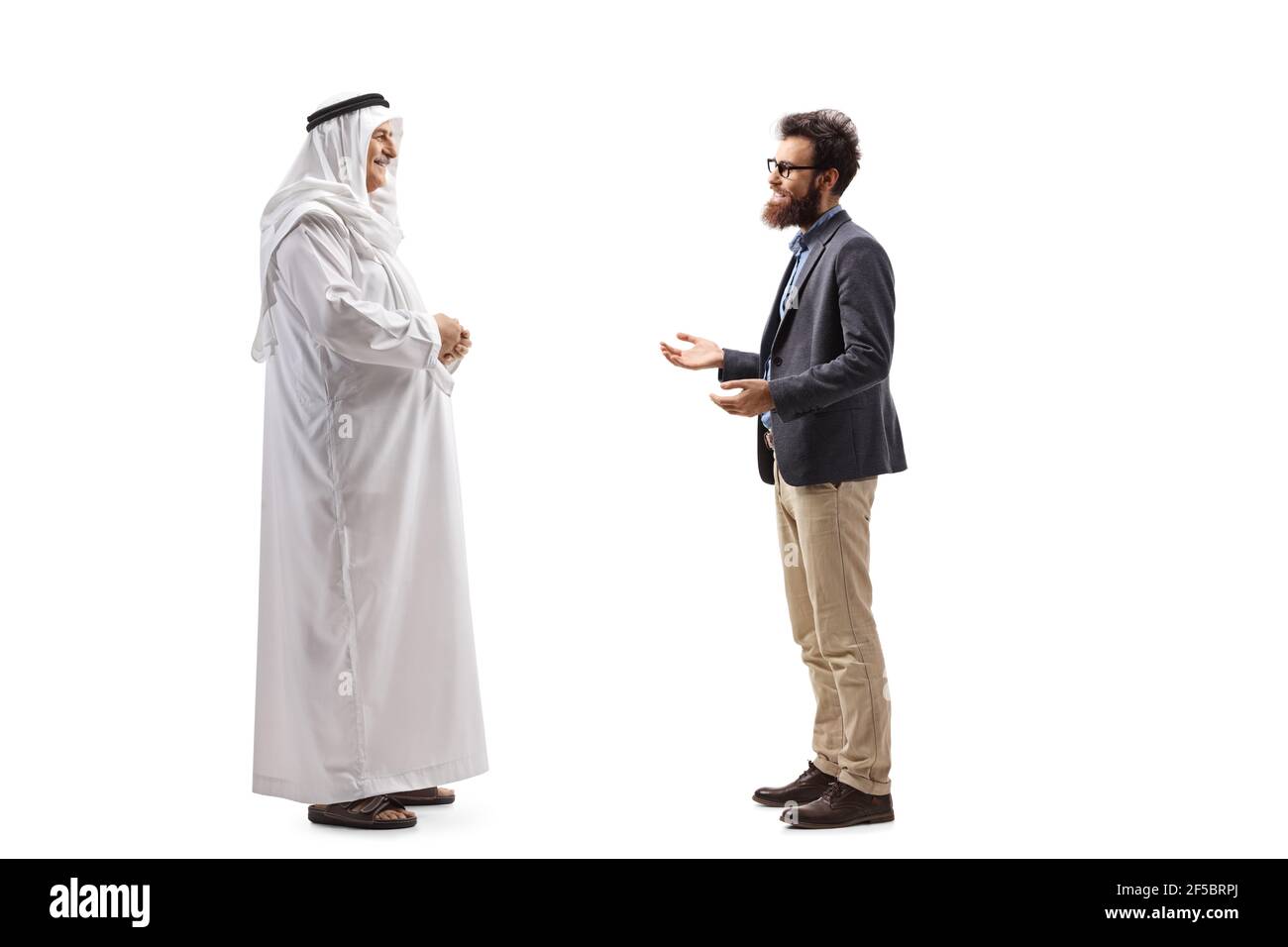 Arab man wearing a dishdasha and another man talking isolated on white ...