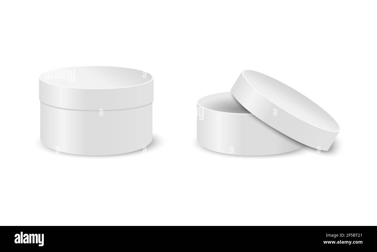 Round cardboard boxes mockup. Closed and open white cylinder packages ...