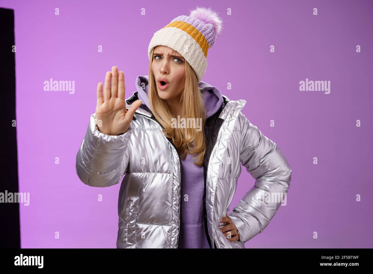 Wow slow down wait sec. Displeased freak-out bothered blond girl raise ...