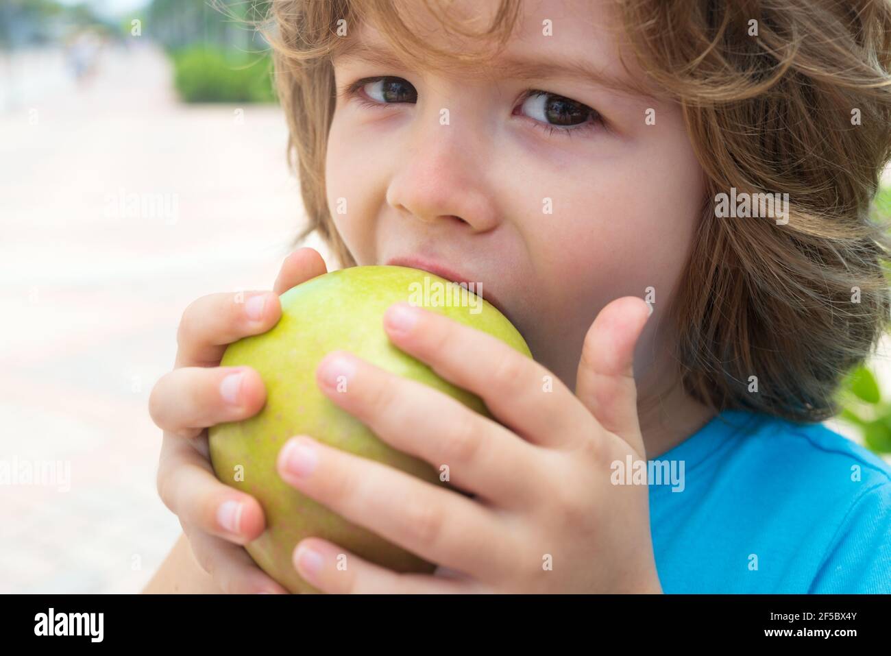 Kid boy eat apple. Healthy nutrition for kids. Fruit snack. Lunch time ...