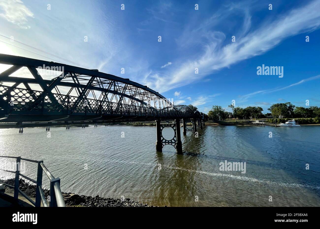 View of the Burnett Bridge, a metal truss bridge spanning the Burnett ...