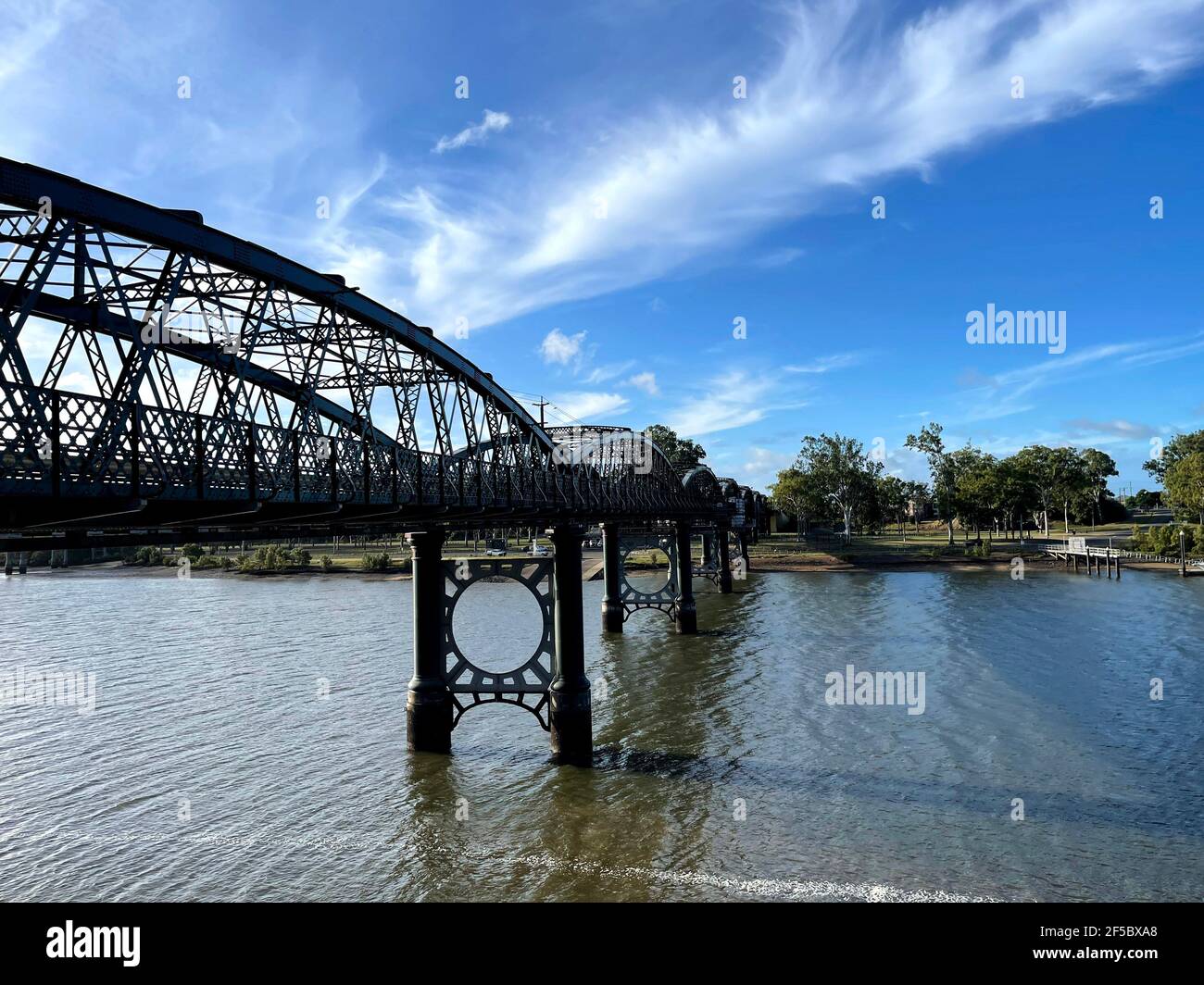 View of the Burnett Bridge, a metal truss bridge spanning the Burnett ...