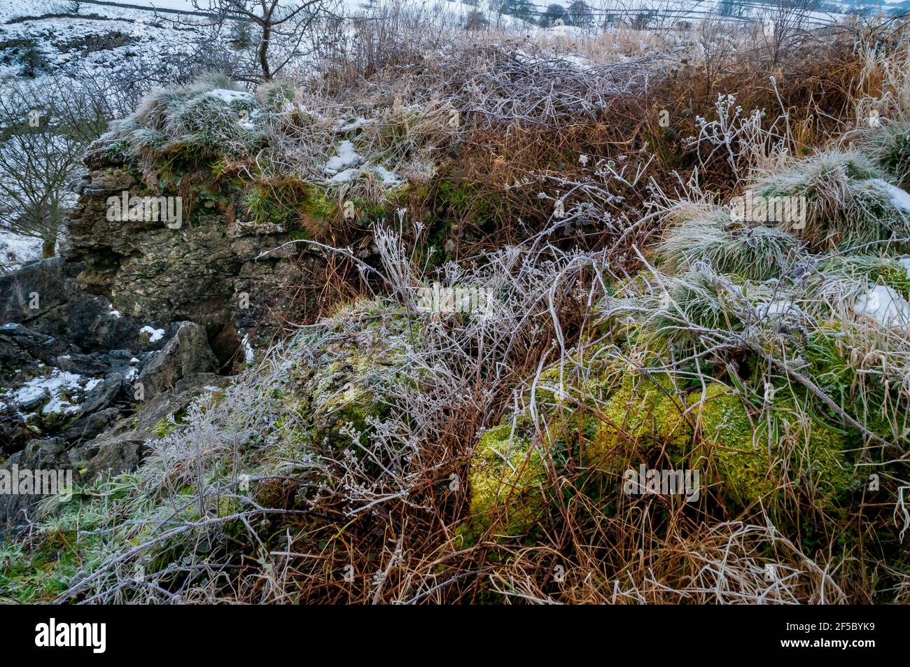Snow and ice covering the remains of Ricklow Quarry at the head of ...