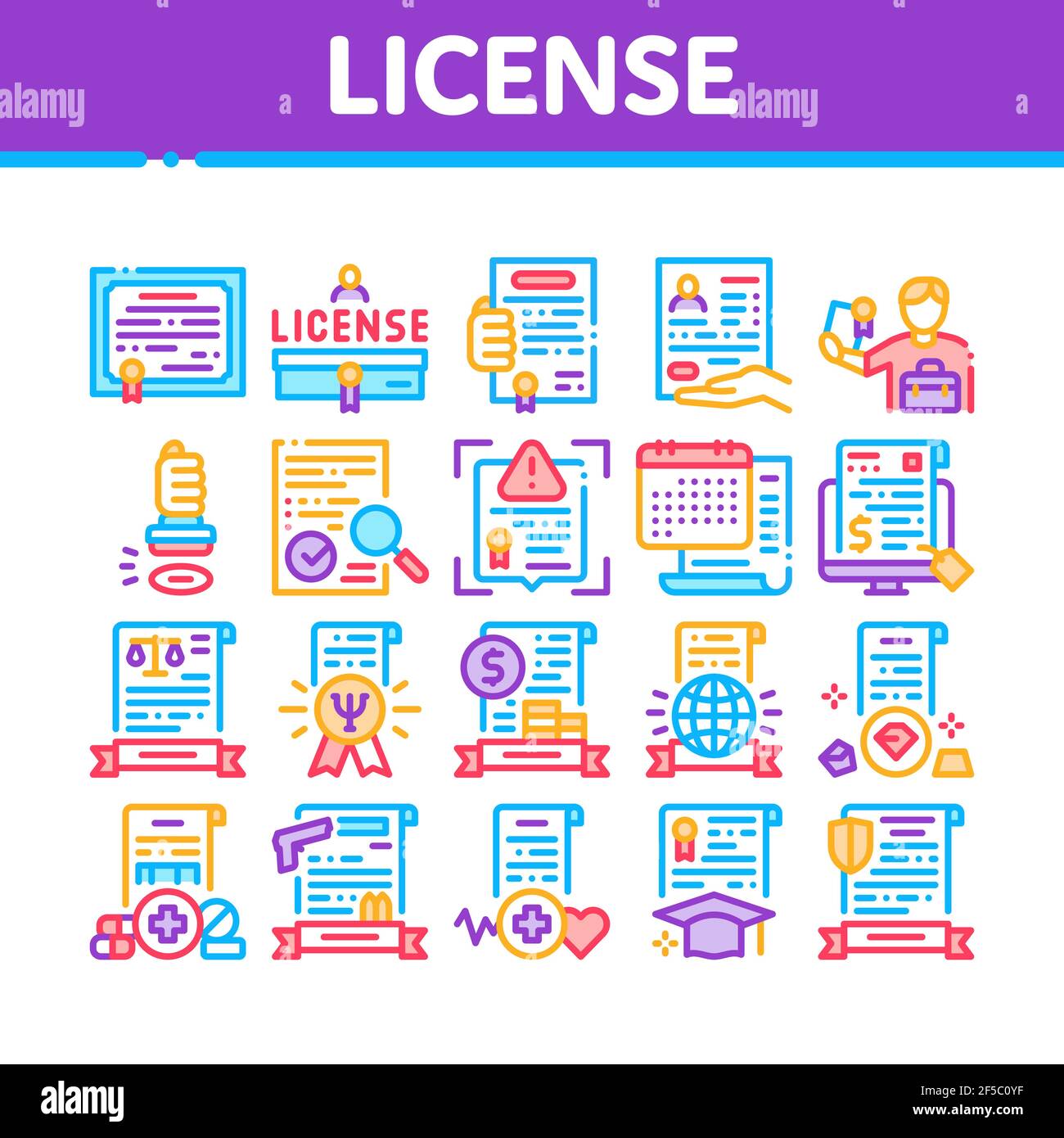 License Certificate Collection Icons Set Vector Illustrations Stock ...