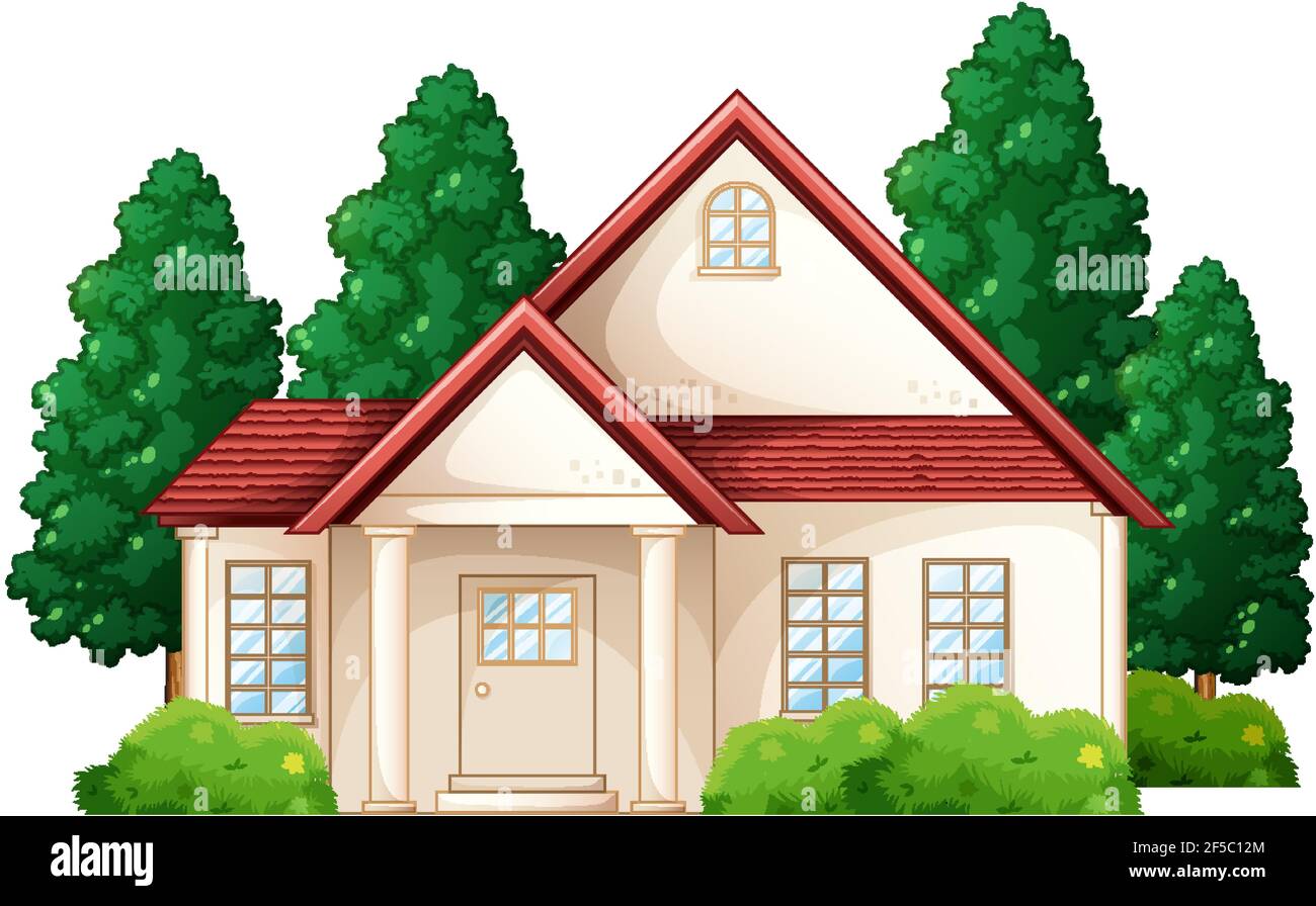 Front of a house with many tree isolated on white background ...